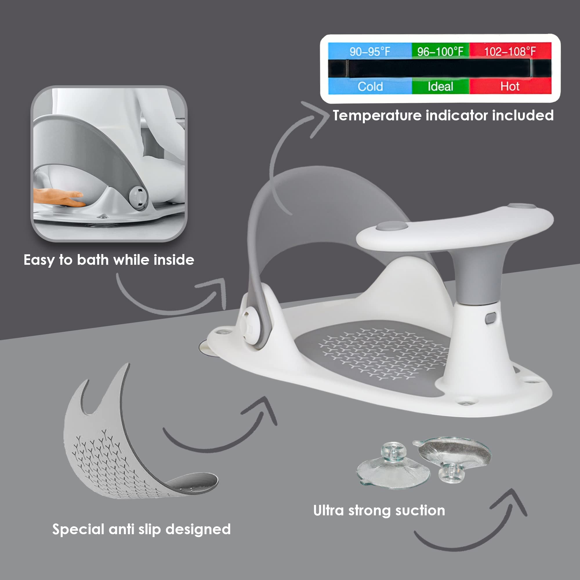 BEBELEH™ Baby Bath Seat [Original] – Baby Bath Portable Chair + Carry Bag + Baby Bath Thermometer – Compact and Foldable – Ultra Strong Suction Cups – Non-Slip Padding Infant Seat. Ideal Gift! (Grey)