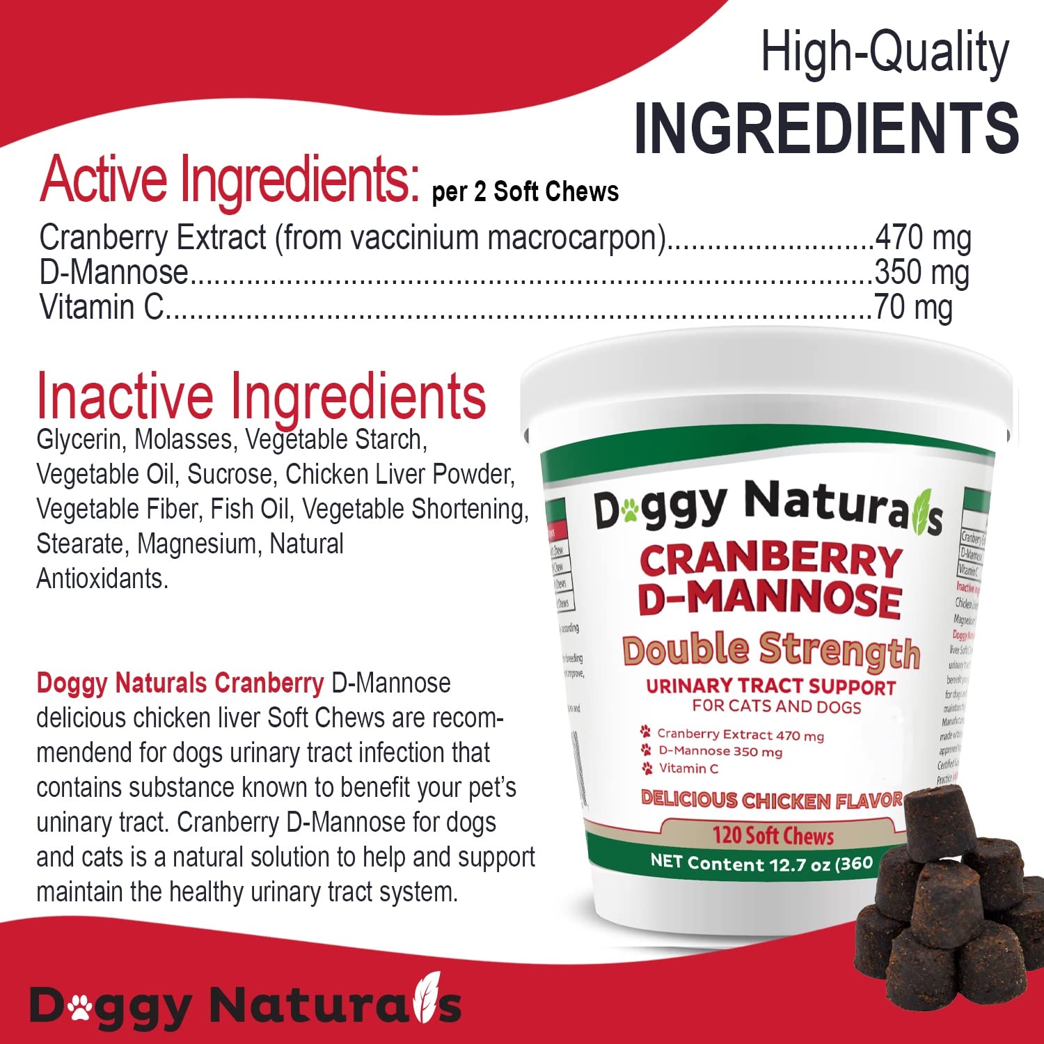 Cranberry D-Mannose for Dogs and Cats Urinary Tract Infection Support Prevents and Eliminates UTI, Bladder Infection Kidney Support, Antioxidant (Double Strength Soft Chew, 120 Soft Chew)