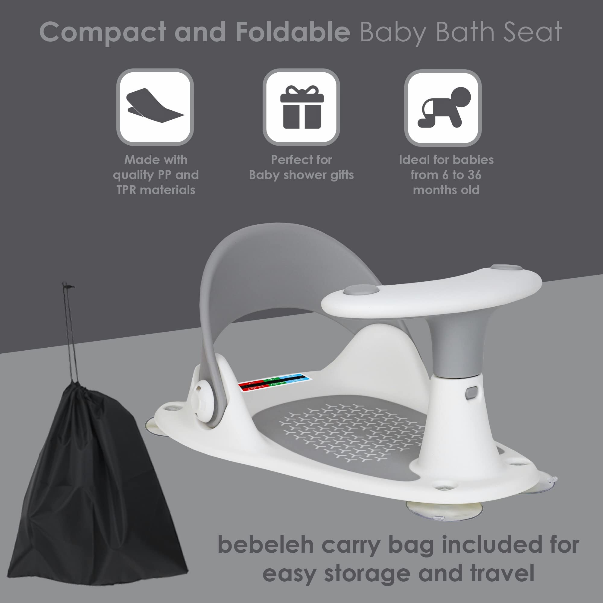 BEBELEH™ Baby Bath Seat [Original] – Baby Bath Portable Chair + Carry Bag + Baby Bath Thermometer – Compact and Foldable – Ultra Strong Suction Cups – Non-Slip Padding Infant Seat. Ideal Gift! (Grey)