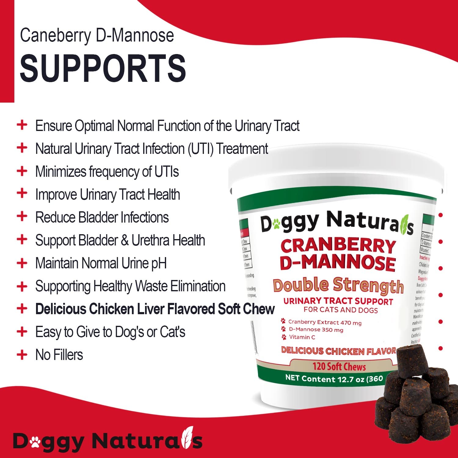Cranberry D-Mannose for Dogs and Cats Urinary Tract Infection Support Prevents and Eliminates UTI, Bladder Infection Kidney Support, Antioxidant (Double Strength Soft Chew, 120 Soft Chew)