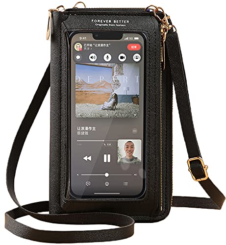 PORT&LOTUS Small Crossbody Bags for Women RFID Blocking Touch Screen Phone Bag Handbags for Women Cell Phone Purse Wallet Ladies Small Women's Clutch PU Leather Shoulder Bags Card Holder Black 2