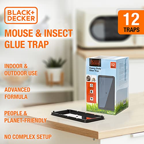 BLACK+DECKER Mouse Trap & Mouse Traps Indoor for Home- Heavy- Duty Rat Trap- Sticky Snake Trap- 12 Pre-Baited Glue Traps for Rodents, Insects, Spiders & Other Vermin