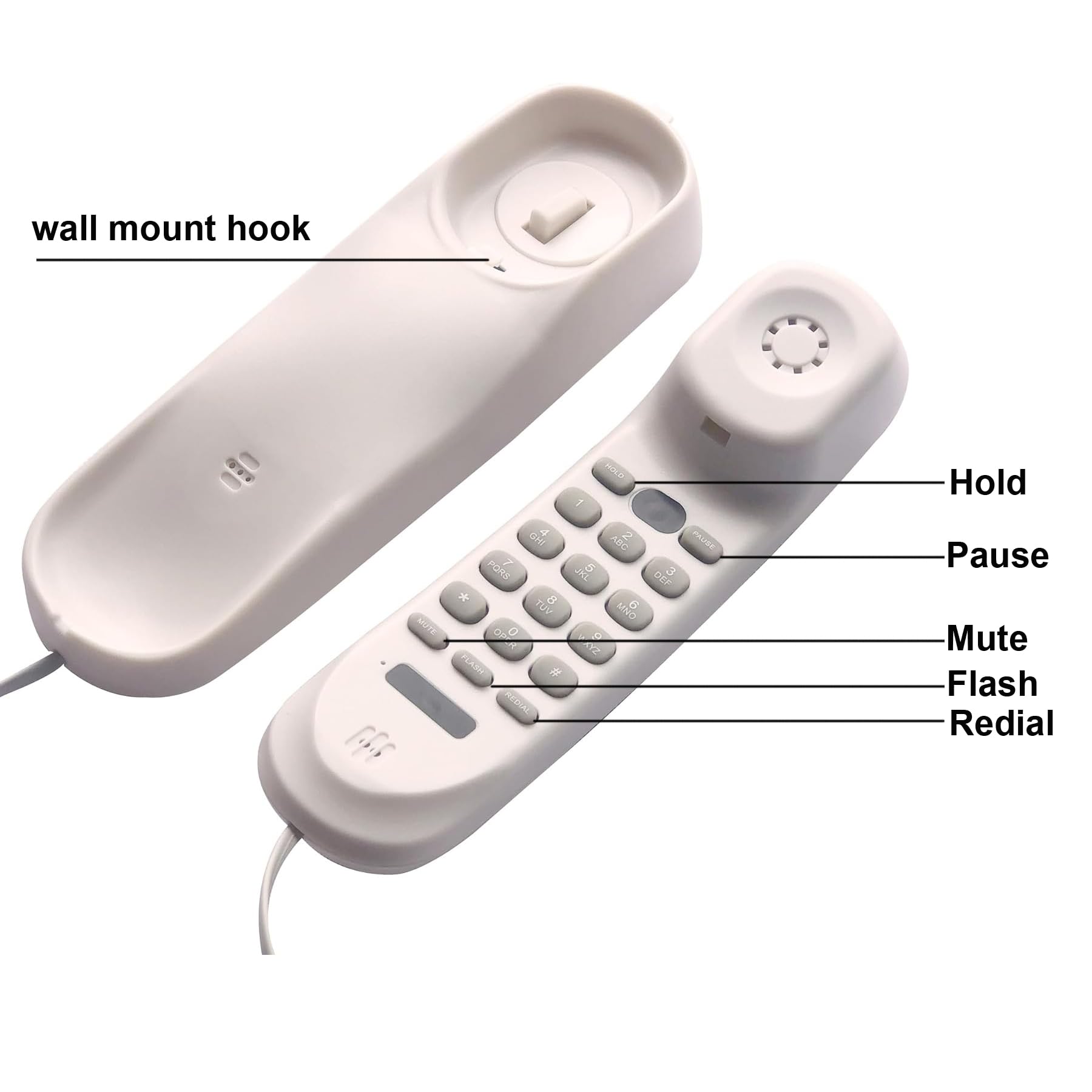 Corded White Wall Phone, TelPal Small Analog Wall Telephone for Seniors Home, Single Line Trimline Landline Phones, No AC Power or Battery Required