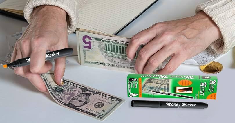 Money Marker (5 Counterfeit Pens) - Counterfeit Bill Detector Pen with Upgraded Chisel Tip - Detect Fake Counterfit Bills, Universal False Currency Pen Detector Pack