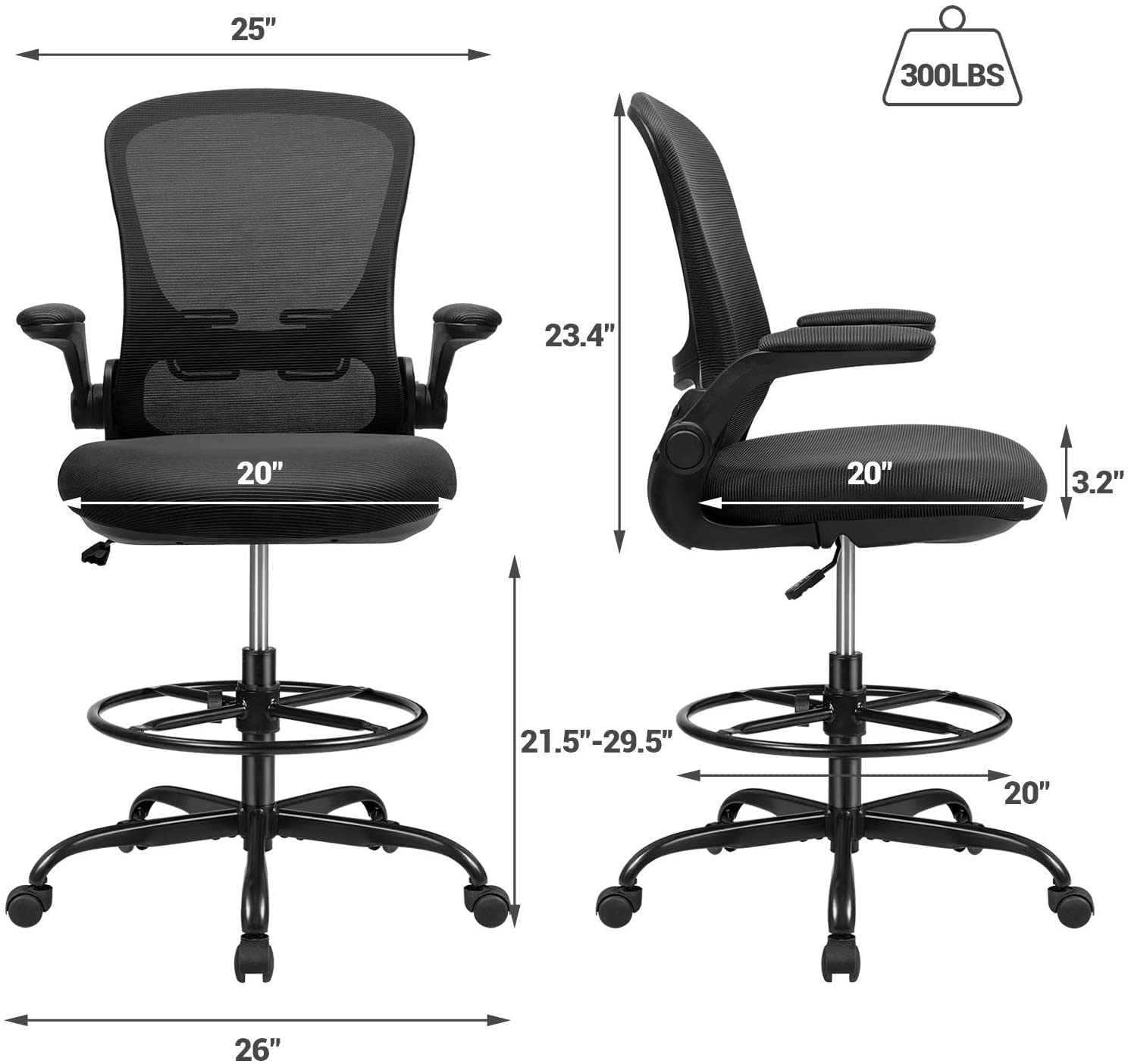 Devoko Drafting Tall Flip-up Armrests Office Desk Ergonomic Mesh Chair Lumbar Support with Adjustable Height, Black