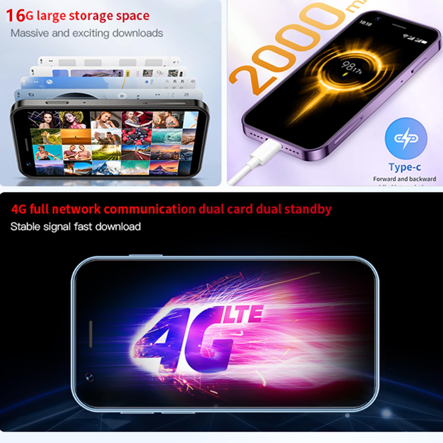 XS16 Mini 4G Smartphone 3.0 Inch Quad Core Dual Sim Ultra Thin Unlocked Android 10.0 Card Mobile Phone WiFi Bluetooth Hotspot Student Pocket Cellphone (Blue 2GB+ 16GB)