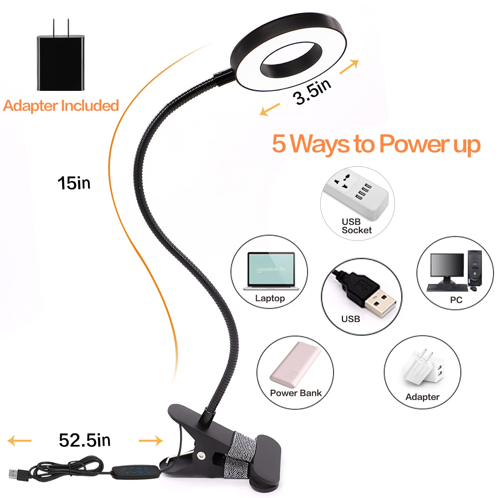 Desk Lamp Clip on Light, Desk Light 48 LED Lamp with 3 Lighting Modes, Dimmable 10 Brightness Levels, 360° Adjustable Gooseneck, Eye-Caring Small Lamp for Bed Headboard Reading Makeup Eyebrow (Black)