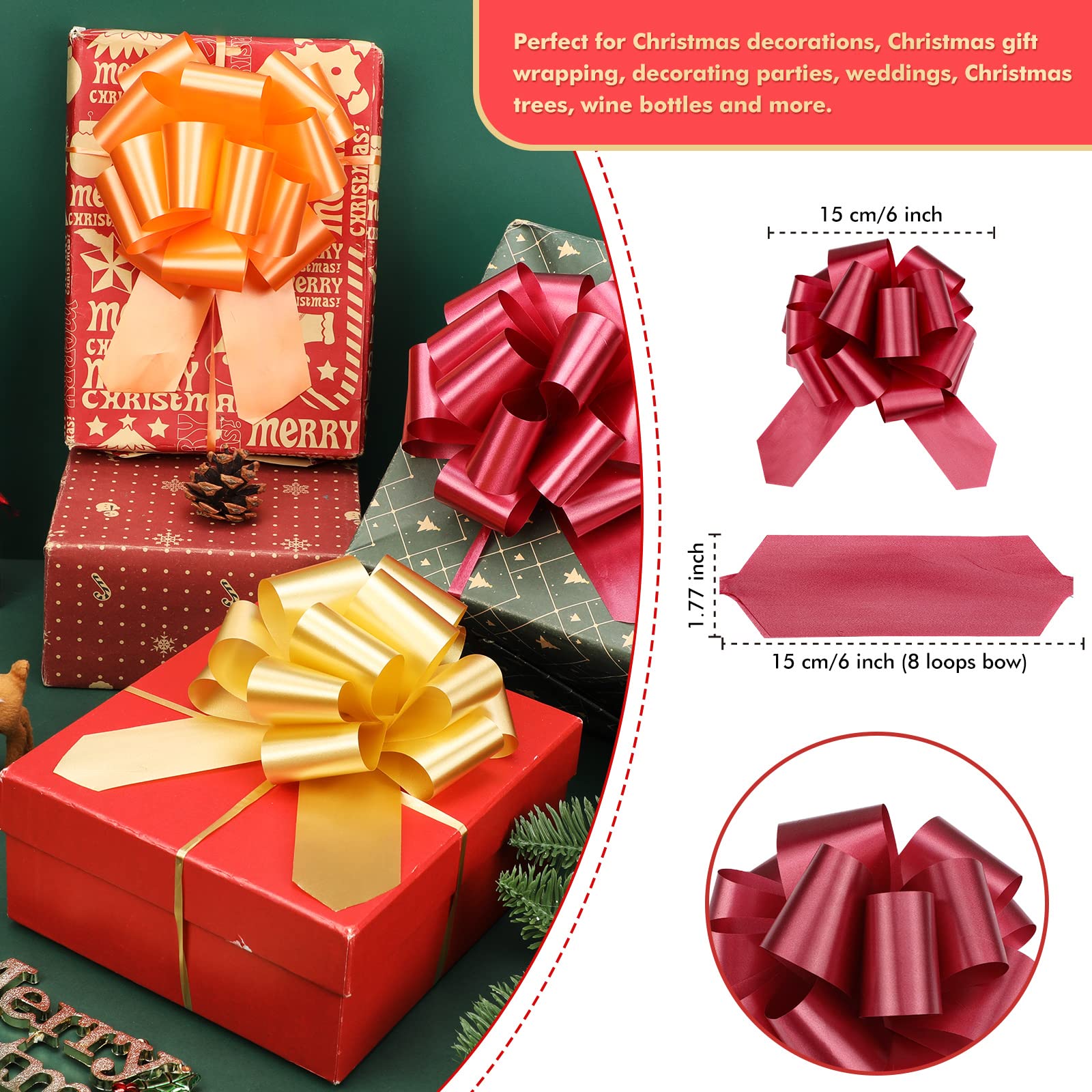 64 Pcs 6 Inch Christmas Pull Bows for Gift Wrapping Large Gift Bow with Ribbon Assorted Bows Pull String Bows Package Ribbons and Bows for Christmas Present Basket Valentine Easter Wedding Party