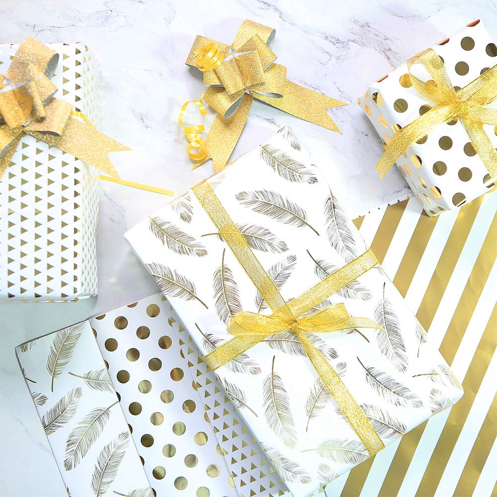 Gift Wrapping Supplies,8 Sheets White Gold Gift Wrapping Paper with 10 Pull Bows 24 Yard Glitter Ribbon and 12 Thank You Lable Sticker for Birthday Gift Wrap Christmas Gift Packing DIY Paper Craft