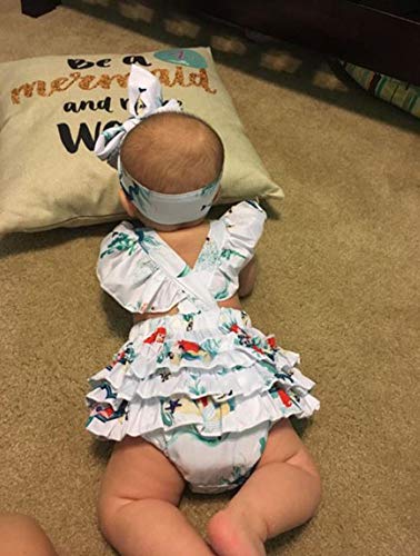 Baby Girls Rompers, Mermaid Sea World Pattern Flower Edge Bodysuit with Hairband Outfits Clothes(White,6-12M
