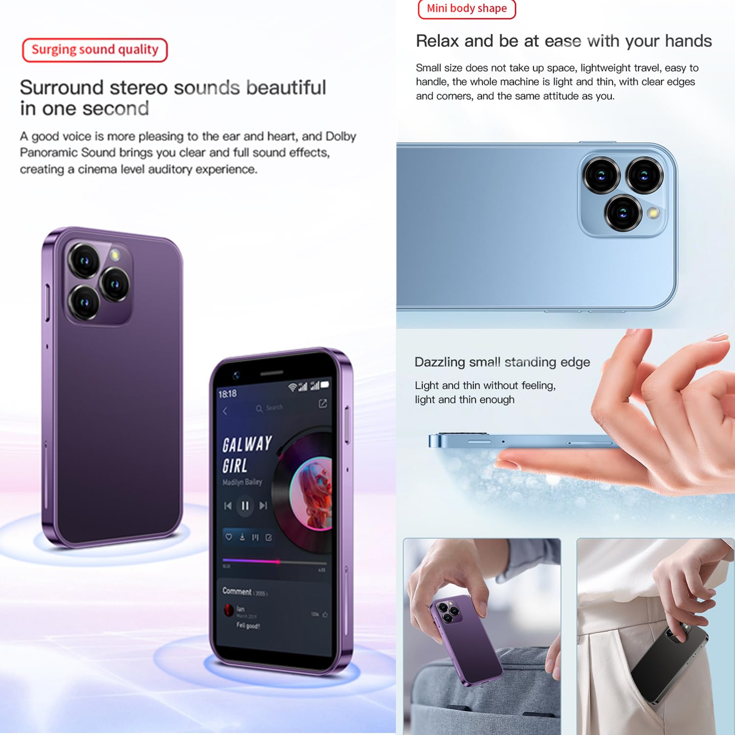 XS16 Mini 4G Smartphone 3.0 Inch Quad Core Dual Sim Ultra Thin Unlocked Android 10.0 Card Mobile Phone WiFi Bluetooth Hotspot Student Pocket Cellphone (Blue 2GB+ 16GB)