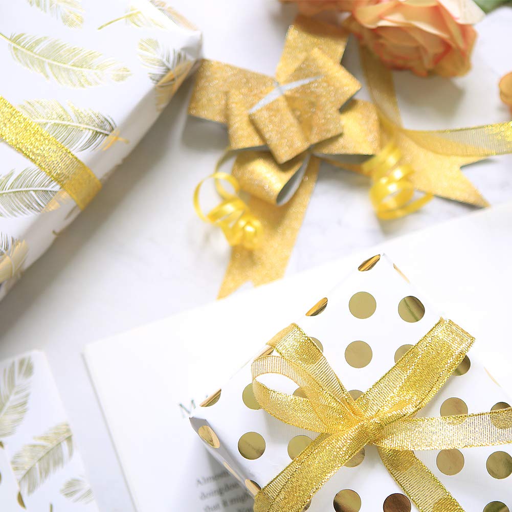 Gift Wrapping Supplies,8 Sheets White Gold Gift Wrapping Paper with 10 Pull Bows 24 Yard Glitter Ribbon and 12 Thank You Lable Sticker for Birthday Gift Wrap Christmas Gift Packing DIY Paper Craft