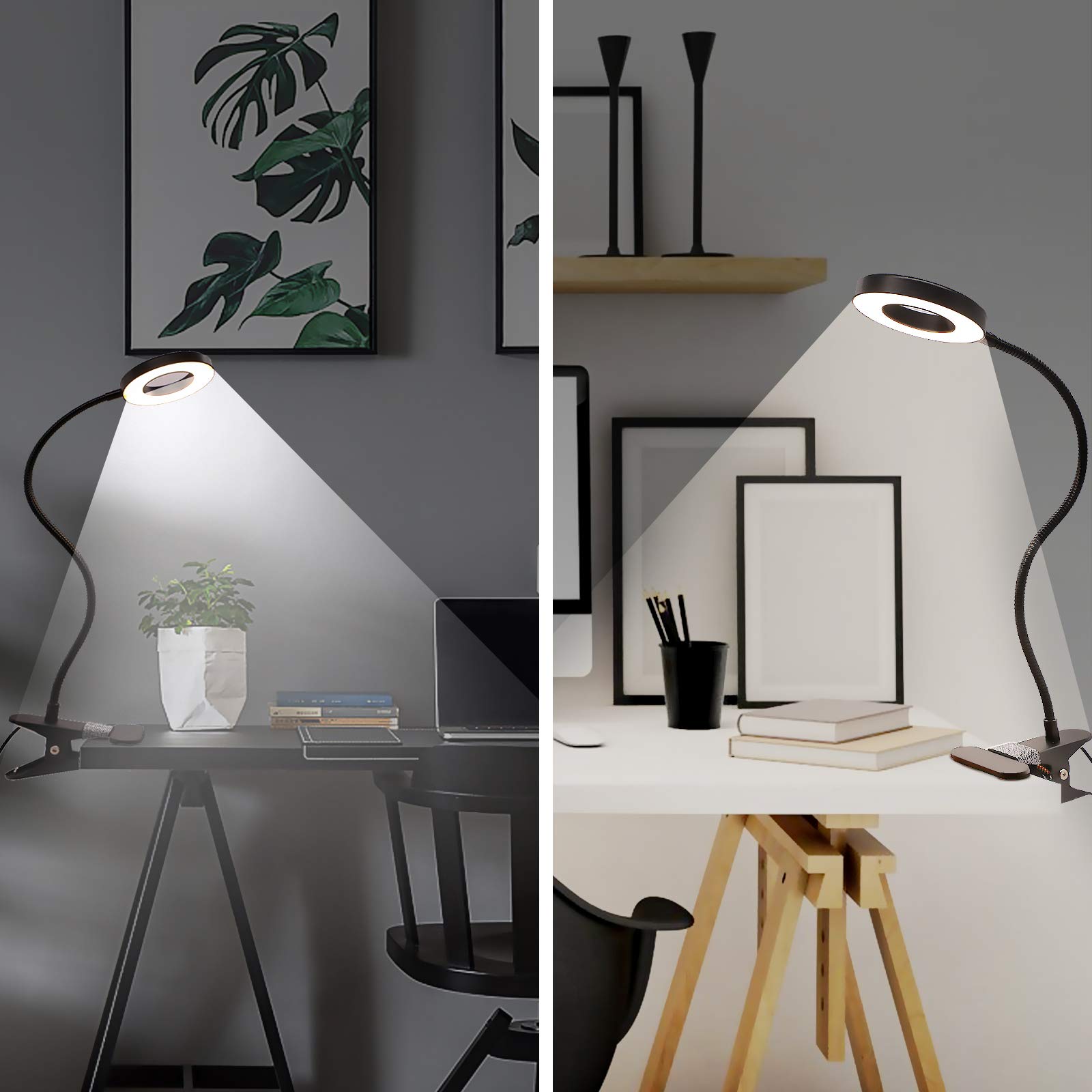Desk Lamp Clip on Light, Desk Light 48 LED Lamp with 3 Lighting Modes, Dimmable 10 Brightness Levels, 360° Adjustable Gooseneck, Eye-Caring Small Lamp for Bed Headboard Reading Makeup Eyebrow (Black)