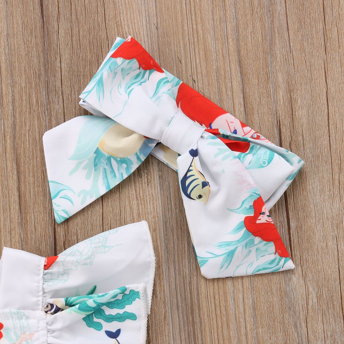 Baby Girls Rompers, Mermaid Sea World Pattern Flower Edge Bodysuit with Hairband Outfits Clothes(White,6-12M