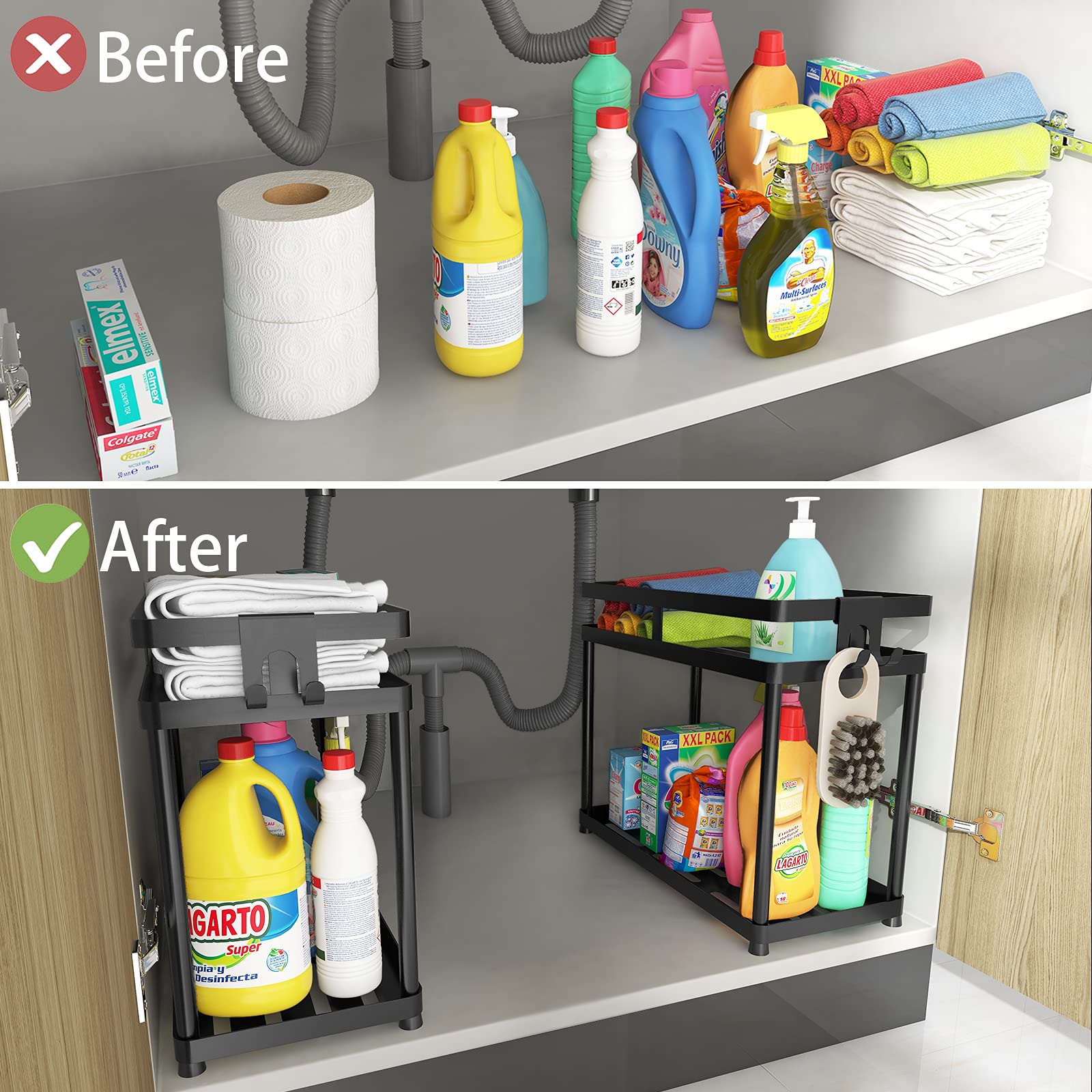 FLE Under Sink Organizer, 2 Tier Metal Under Bathroom Sink Storage Baskets with Hooks, Self Adhesive Black Under Sink Shelf Organizer for Bathroom Kitchen