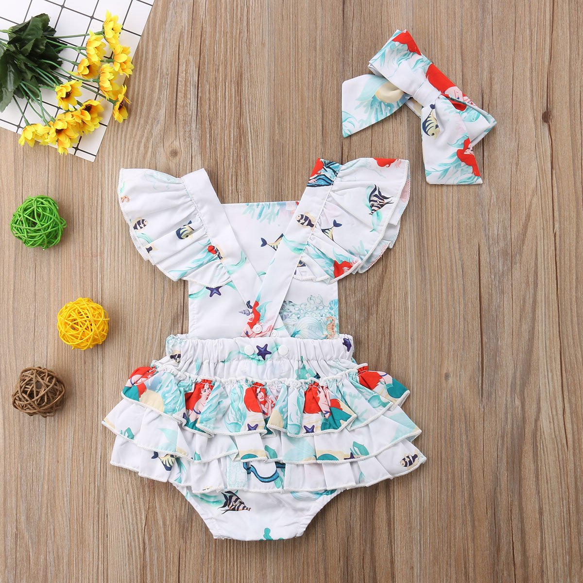 Baby Girls Rompers, Mermaid Sea World Pattern Flower Edge Bodysuit with Hairband Outfits Clothes(White,6-12M