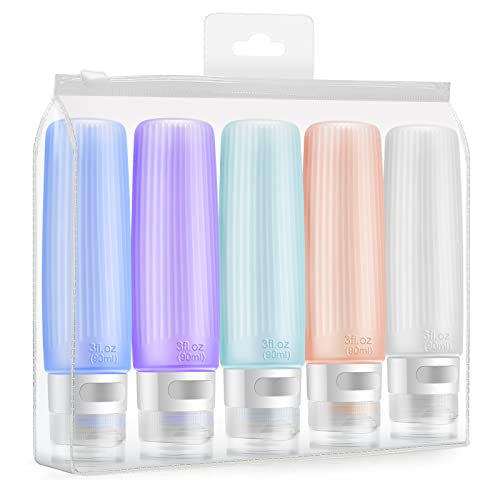 FUNAURORE Travel Bottles for Toiletries, 3 OZ Tsa Approved Travel Size Containers with Labels, Silicone Leak Proof BPA Free Squeezable Travel Essentials for Shampoo, Conditioner,Lotion (5 Pack)