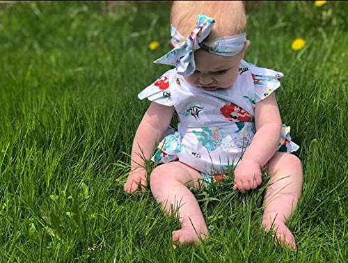 Baby Girls Rompers, Mermaid Sea World Pattern Flower Edge Bodysuit with Hairband Outfits Clothes(White,6-12M