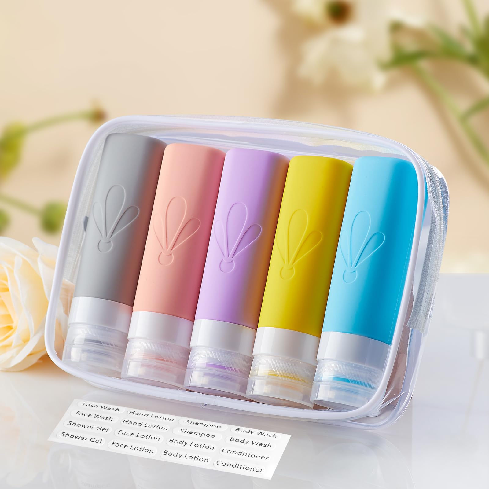 INSFIT Travel Bottles for Toiletries, TSA Approved 3oz Travel Size Containers, BPA Free Leak Proof Squeezable Silicone Tubes for Shampoo Conditioner Lotion Soap with Labels