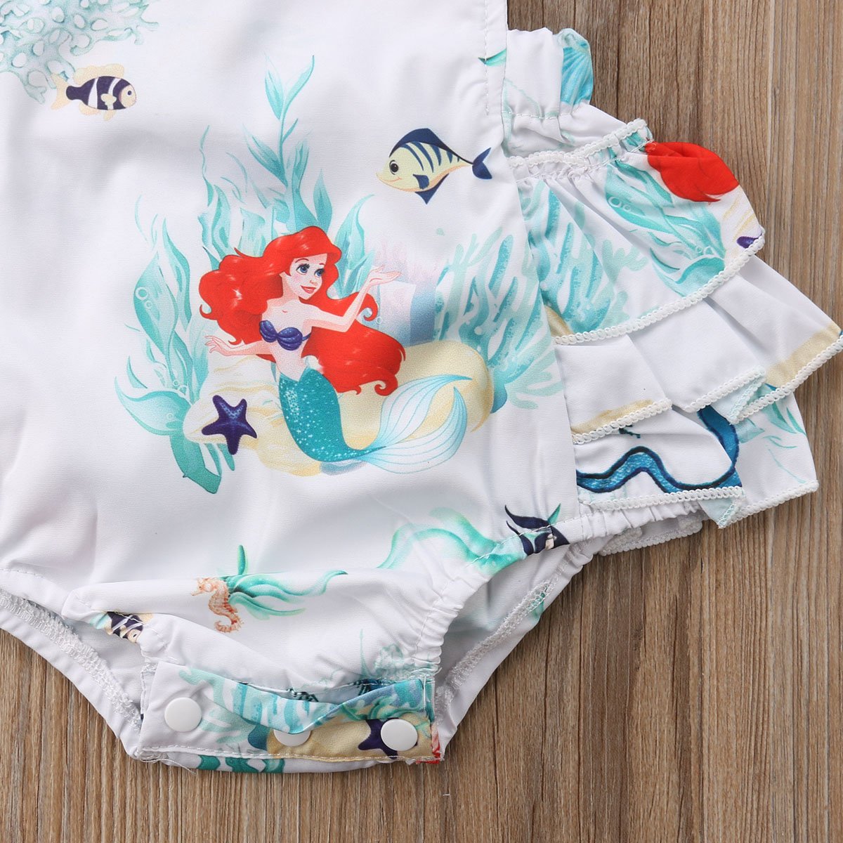 Baby Girls Rompers, Mermaid Sea World Pattern Flower Edge Bodysuit with Hairband Outfits Clothes(White,6-12M