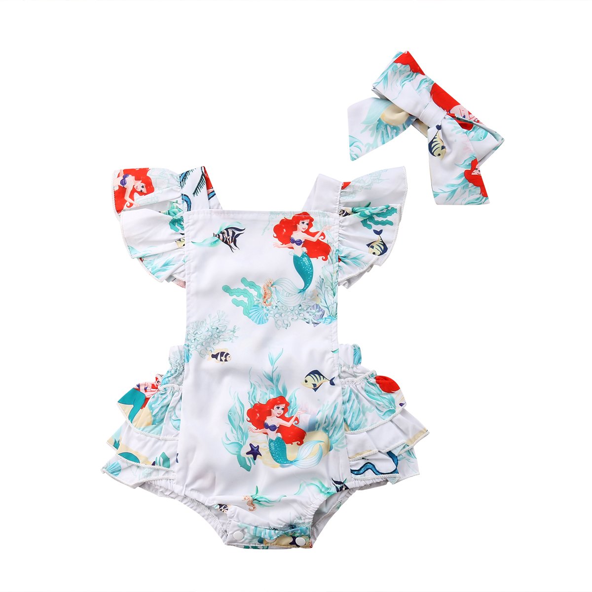Baby Girls Rompers, Mermaid Sea World Pattern Flower Edge Bodysuit with Hairband Outfits Clothes(White,6-12M
