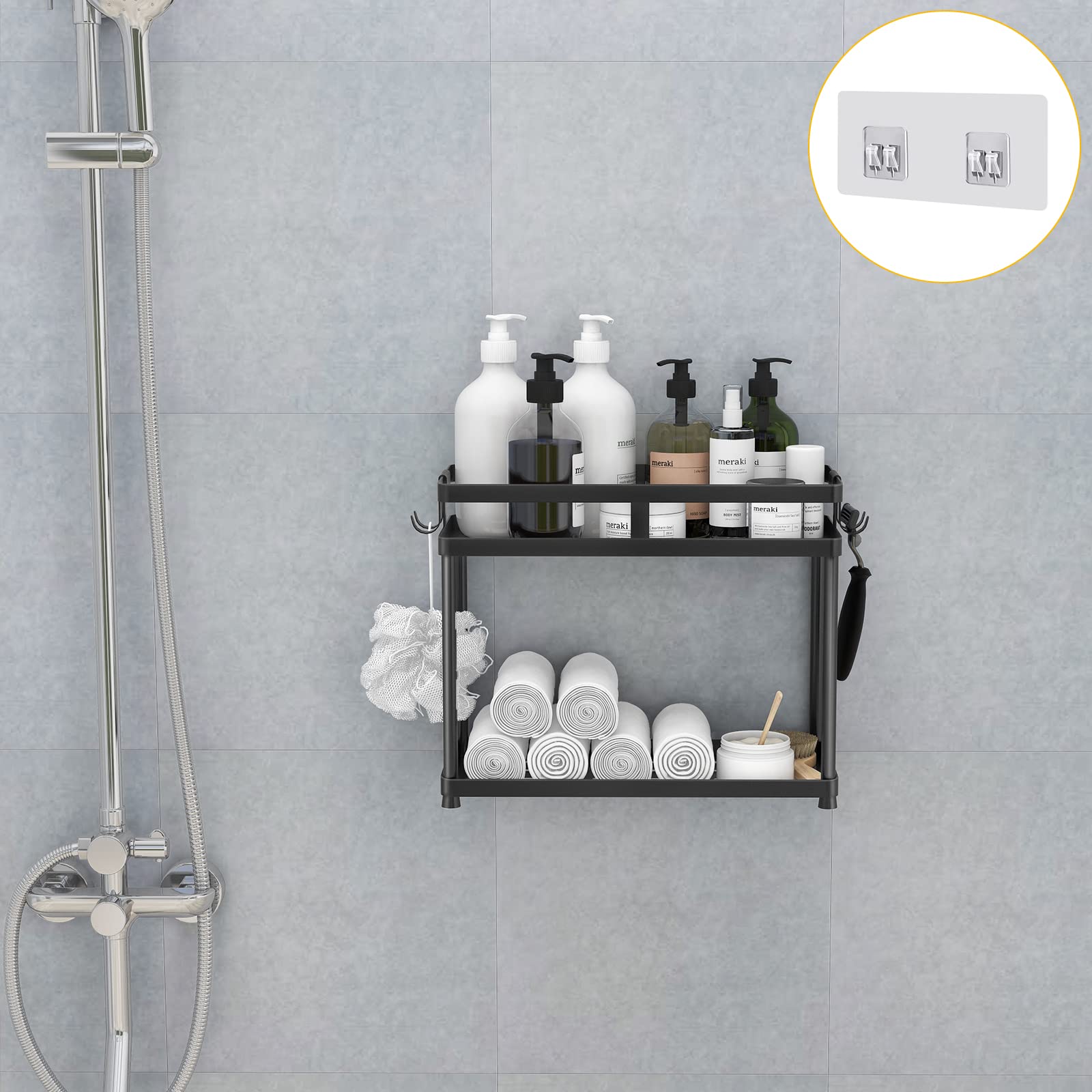 FLE Under Sink Organizer, 2 Tier Metal Under Bathroom Sink Storage Baskets with Hooks, Self Adhesive Black Under Sink Shelf Organizer for Bathroom Kitchen