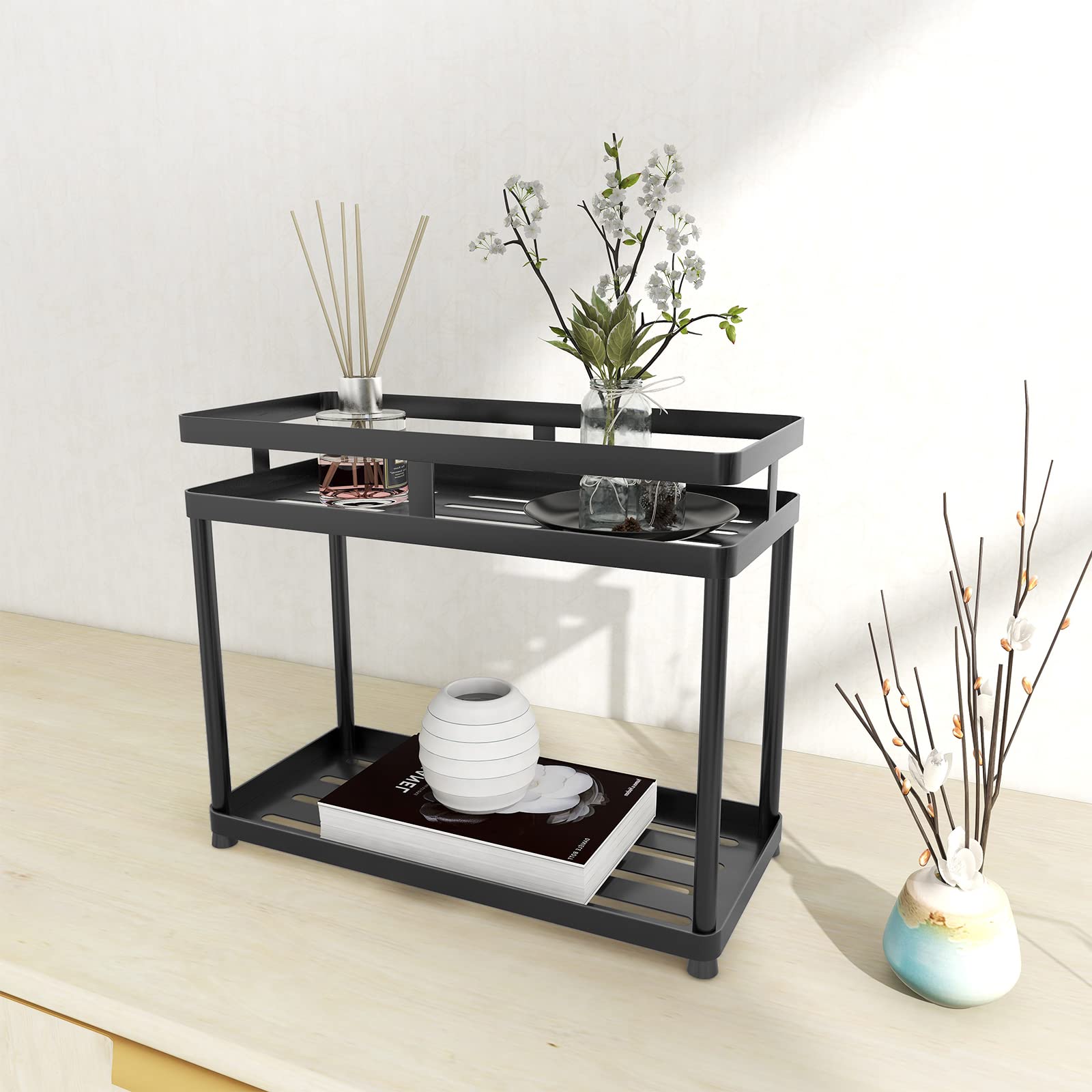 FLE Under Sink Organizer, 2 Tier Metal Under Bathroom Sink Storage Baskets with Hooks, Self Adhesive Black Under Sink Shelf Organizer for Bathroom Kitchen