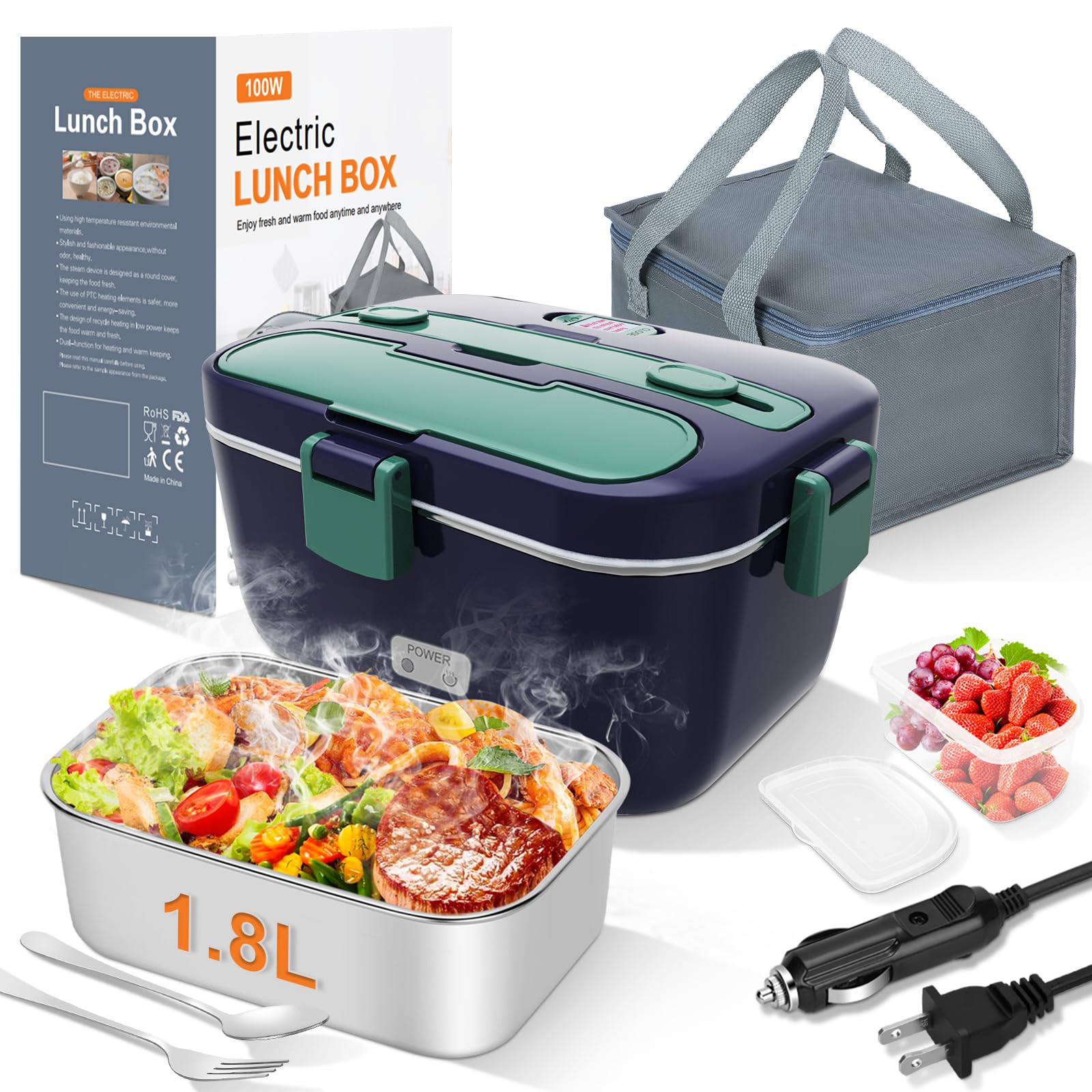 DUPASU Electric Lunch Box 60W Food Heated 12V 24V 110V Portable Food Warmer Heater for Car/Truck/Home Self Heating Box with 1.8L 304 Stainless Steel Container 0.45L Compartment (Green+Royal blue)