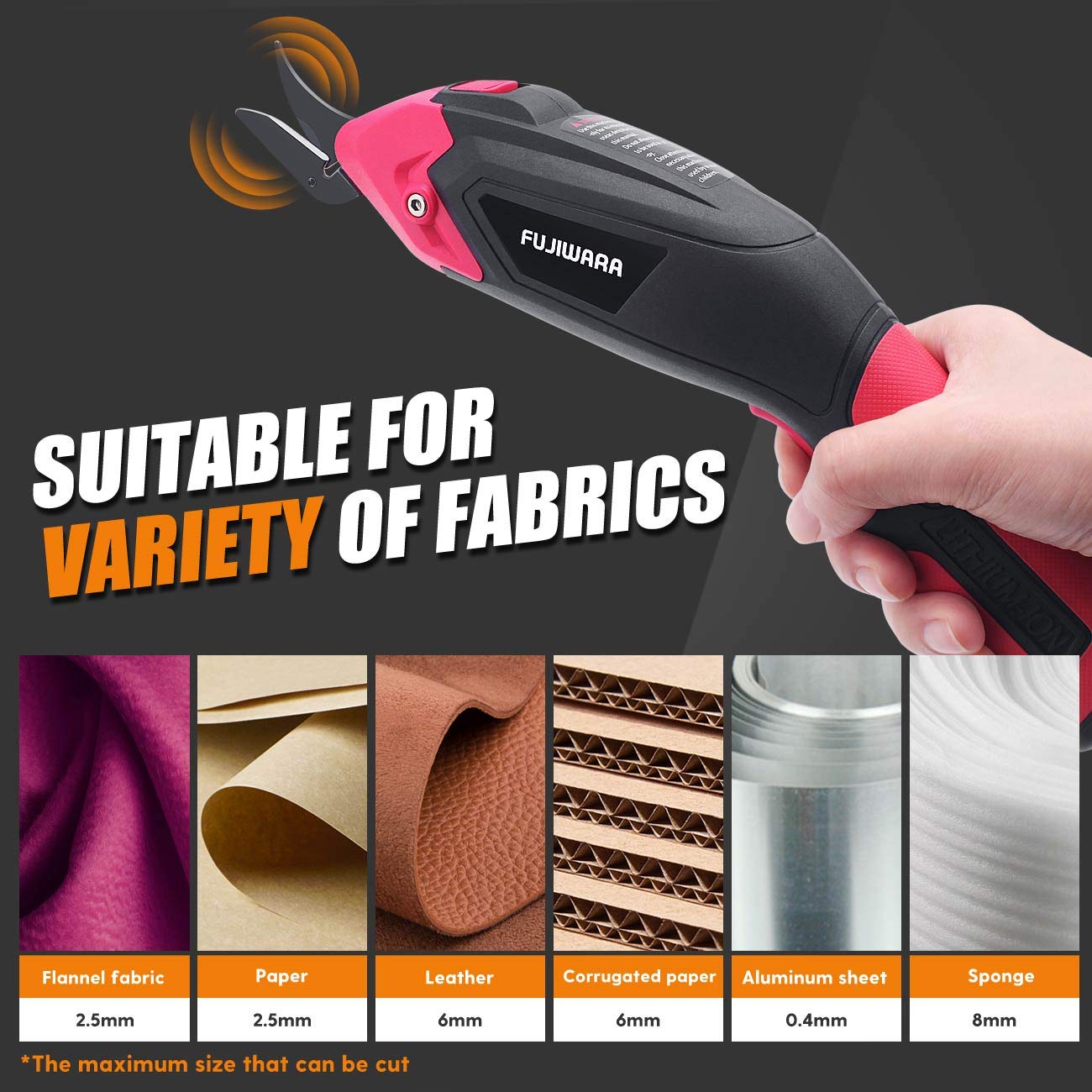 FUJIWARA Electric Scissors, 1 Rechargeable Lithium Battery and 2 Cutter Blades, Cordless Shears Cutting Tool for Fabrics/Canvas/Carpets/Leather/Cardboard/Other Thin Materials