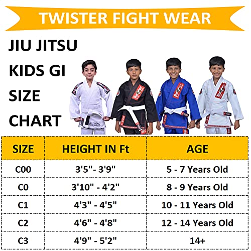 Twister Kids Jiu Jitsu Gi Ultra Light Fabric Youth BJJ Gi with free White Belt Included (White/Red, C1)