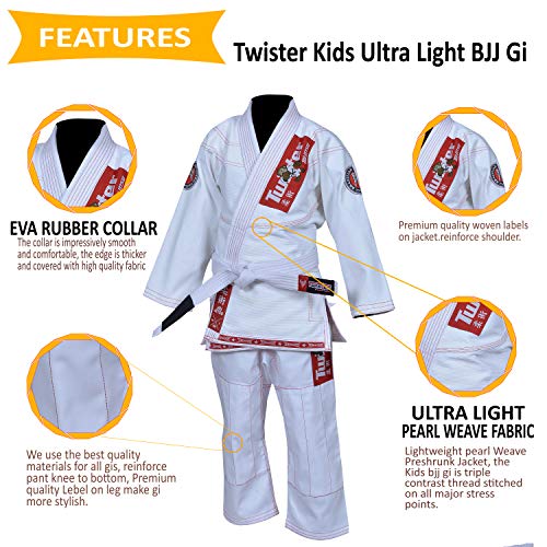 Twister Kids Jiu Jitsu Gi Ultra Light Fabric Youth BJJ Gi with free White Belt Included (White/Red, C1)