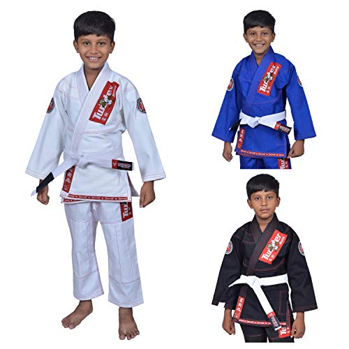 Twister Kids Jiu Jitsu Gi Ultra Light Fabric Youth BJJ Gi with free White Belt Included (White/Red, C1)