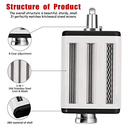 Pasta Maker Attachment for All Kitchenaid Mixers, Noodle Ravioli Maker Kitchen Aid Mixer Accessories 3 In 1 Including Dough Roller Spaghetti Cutter Fettuccine Cutter - Homemade Fresh Pasta Easily!
