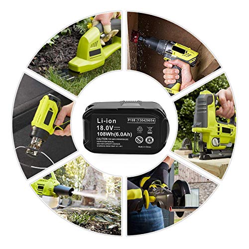 energup 2Pack 6.0Ah Replacement Ryobi 18V Lithium Battery for Ryobi 18-Volt ONE+ P104 P105 P102 P103 P107 P108 with a P117 Ryobi Battery Charger for Ryobi 18v Batteries