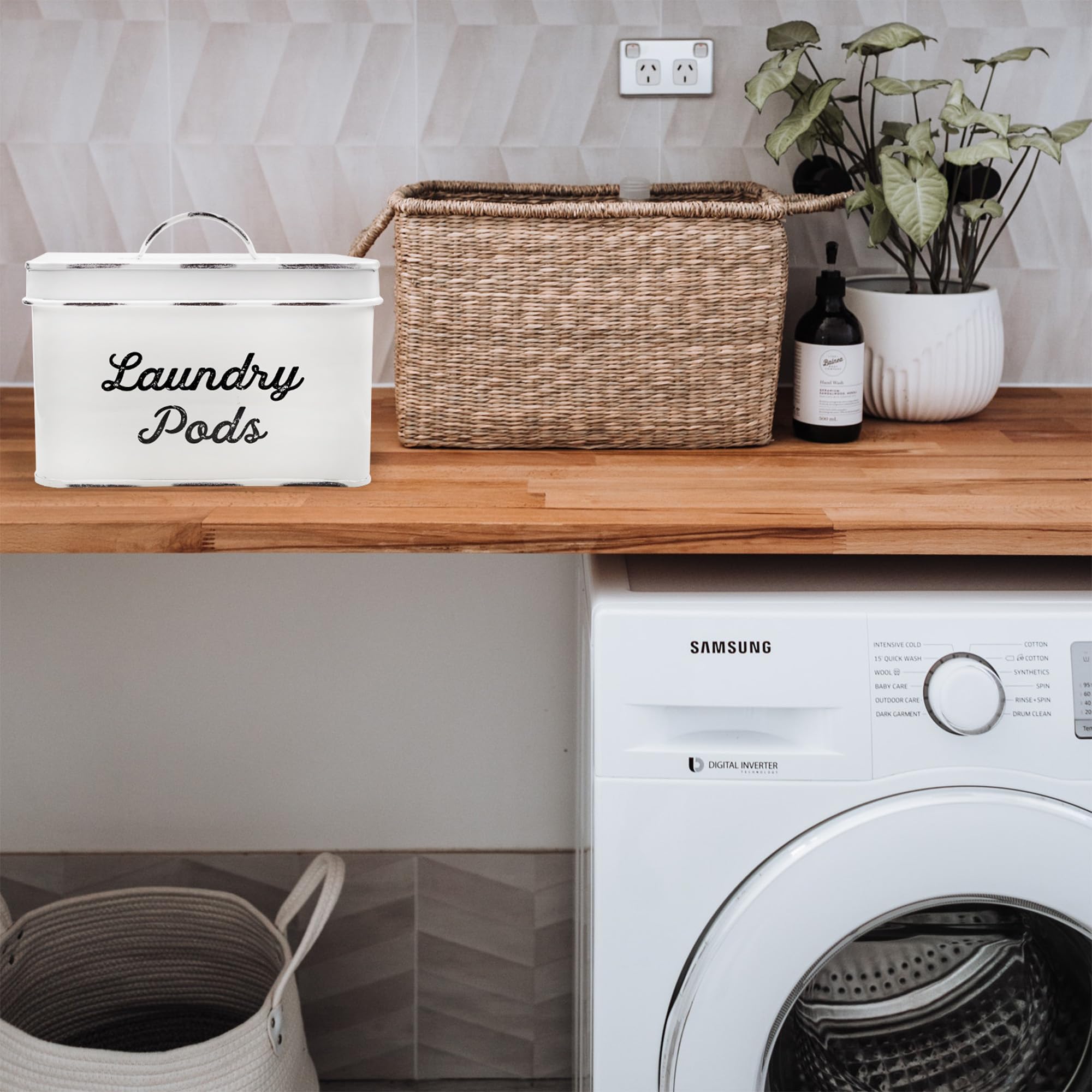 AuldHome Enamelware Laundry Pod Holder; Rustic White Laundry Pod Storage Container