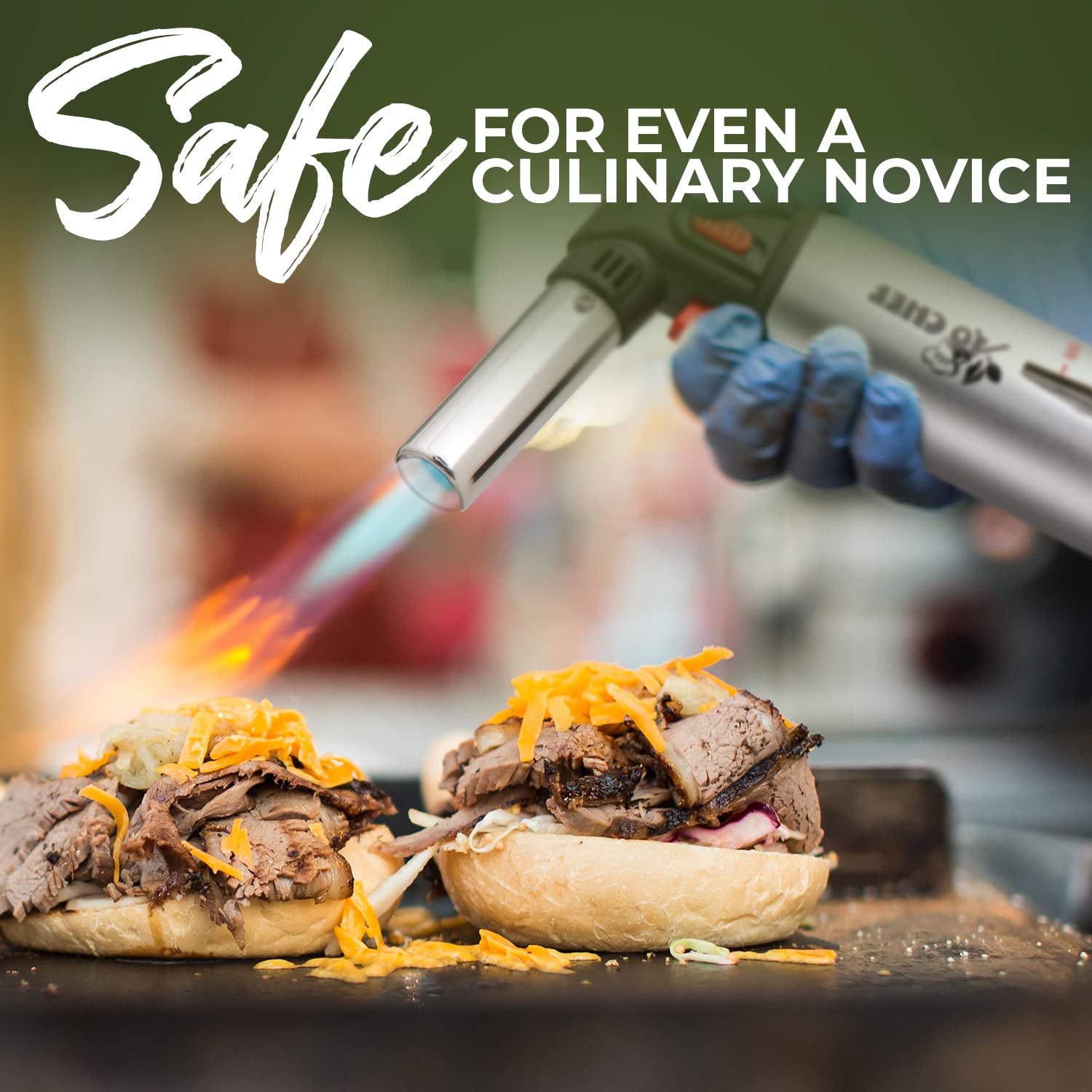 Kitchen Torch With Butane included - Refillable Butane Torch With Safety Lock & Adjustable Flame + Fuel gauge - Culinary Torch, Creme Brulee Torch for Cooking Food, Baking, BBQ, 2 Cans Included