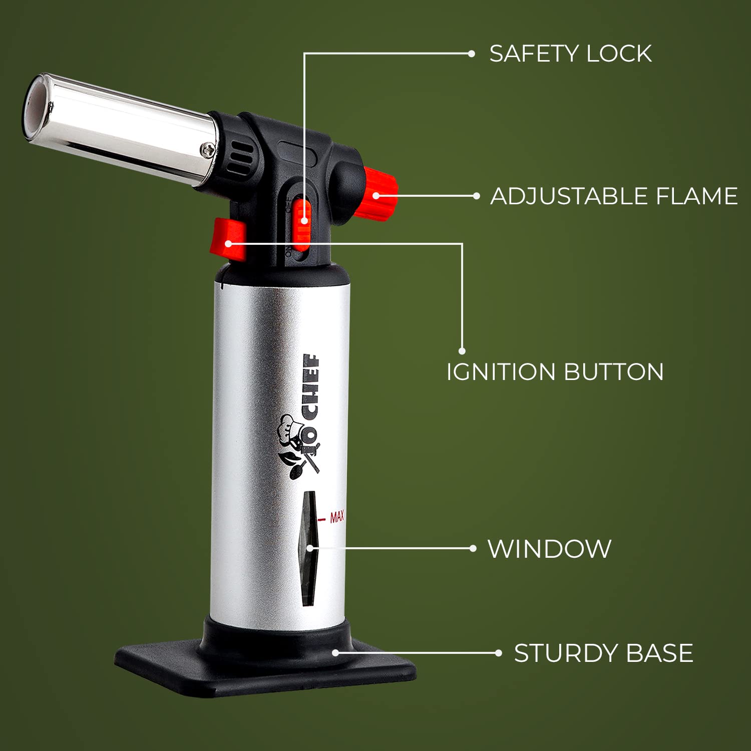Kitchen Torch With Butane included - Refillable Butane Torch With Safety Lock & Adjustable Flame + Fuel gauge - Culinary Torch, Creme Brulee Torch for Cooking Food, Baking, BBQ, 2 Cans Included