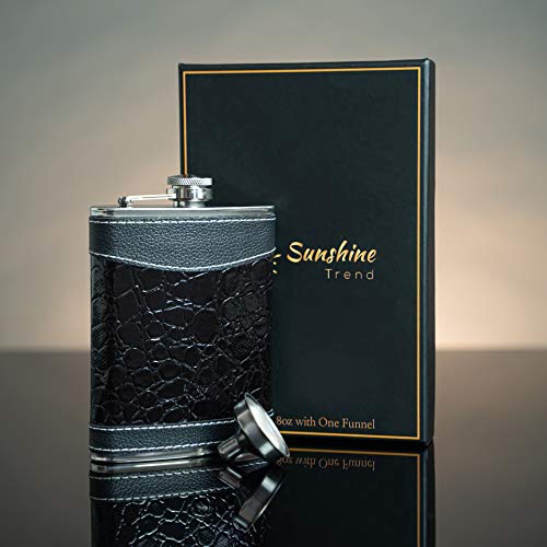 Hip flask, Men's Flask for Liquor, 304 Stainless Steel 8 oz with Funnel, Leak Proof, Slim, Classic, Leather, Black, Perfect For Travel, Camping, Hiking, Drinking Gift for Fathers Best Man