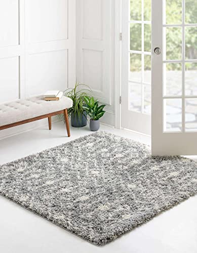 Unique Loom Moroccan Trellis Shag Collection Area Rug - Meknes (6' Square, Gray/Ivory)