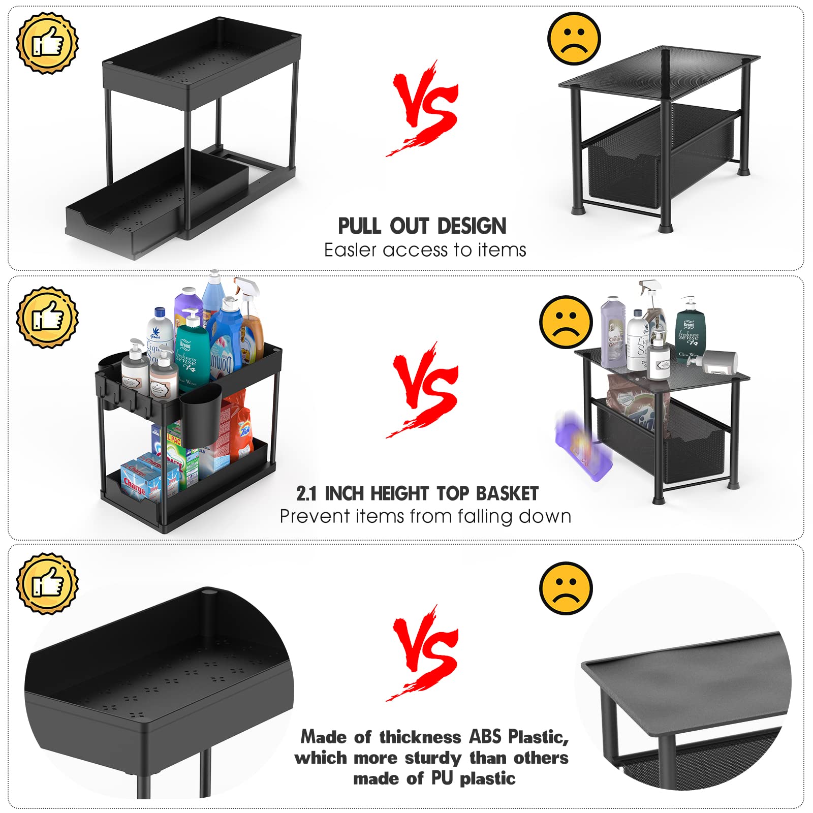 Sealegend 2 Pack Under Sink Organizers,2 Tier Under Sink Organizers and Storage Under Cabinet Slide Out Sliding Shelf with Hanging Cups and Hook,Multi-Use Storage Shelf for Bathroom Kitchen