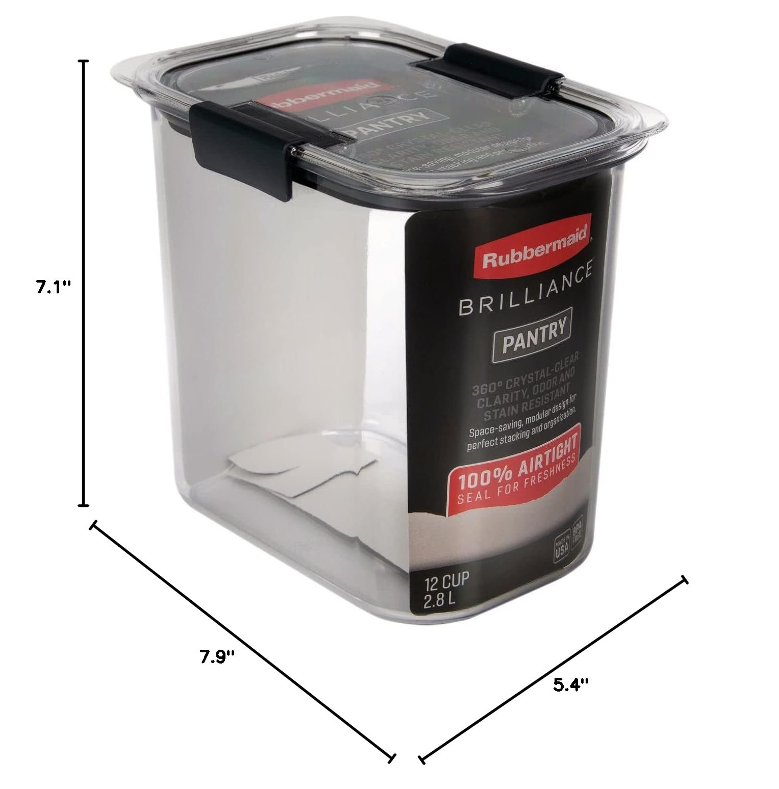 Rubbermaid Brilliance Airtight Food Storage Container for Pantry with Lid for Flour, Sugar, and Rice, 12-Cup, Clear/Grey