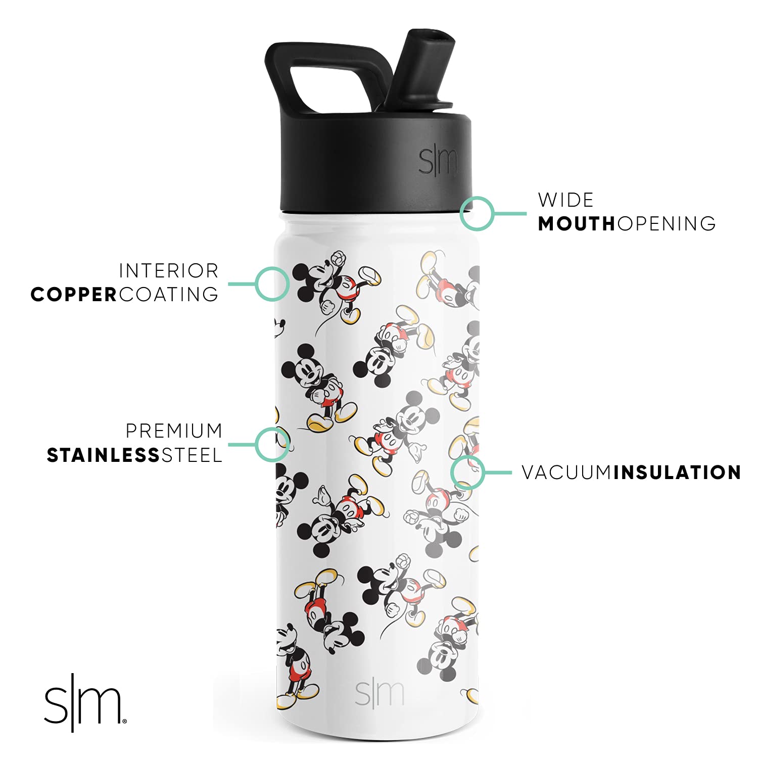 Simple Modern Disney Mickey Mouse Kids Water Bottle with Straw Lid | Reusable Insulated Stainless Steel Cup for Boys, School | Summit Collection | 18oz, Mickey Mouse Retro
