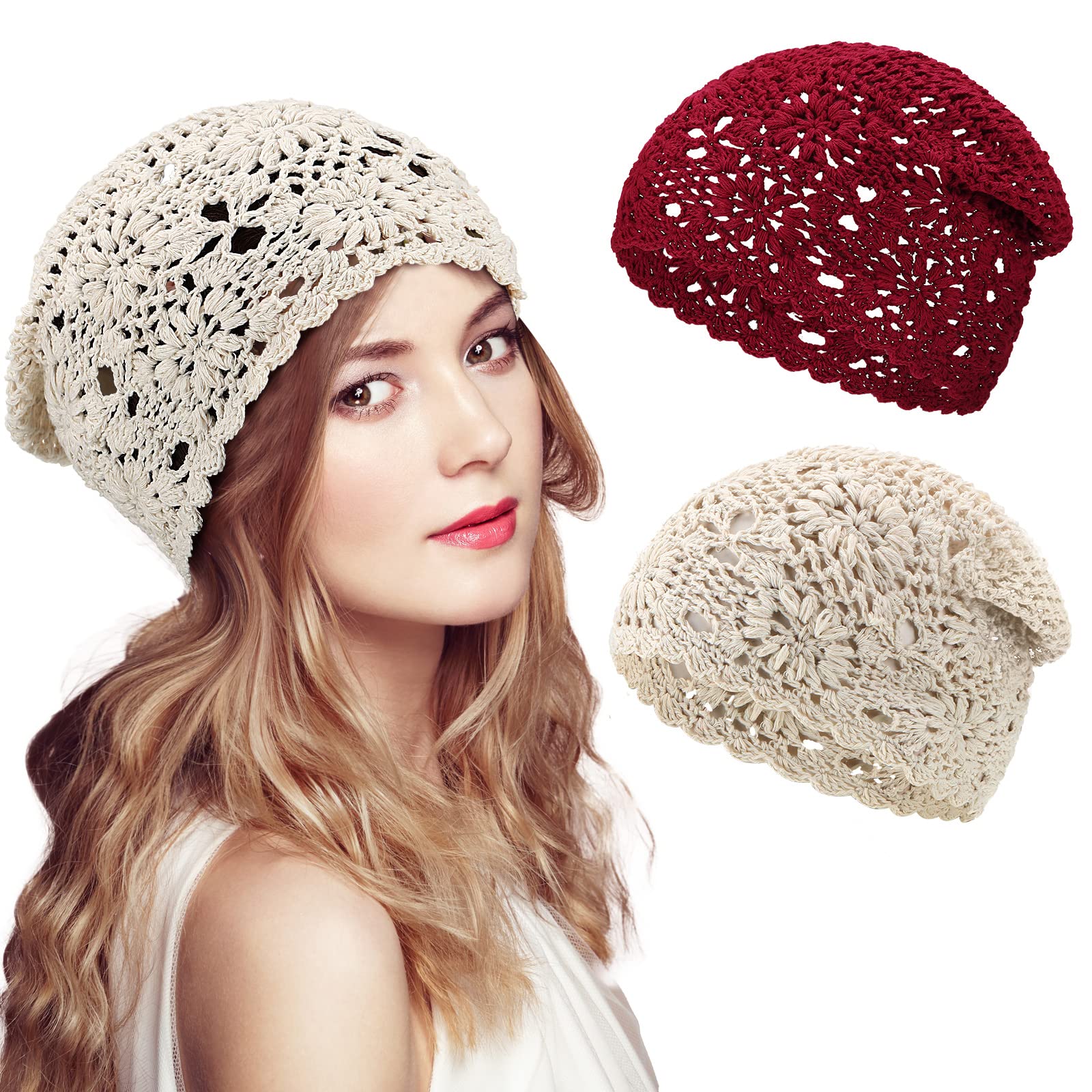 JenPen 2 Pieces Floral Crochet Slouchy Beanie Hat Handmade Knit Cutout Women Floral Skull Cap Stretchy Knitted Crochet Hat for Women (Beige, Wine Red)