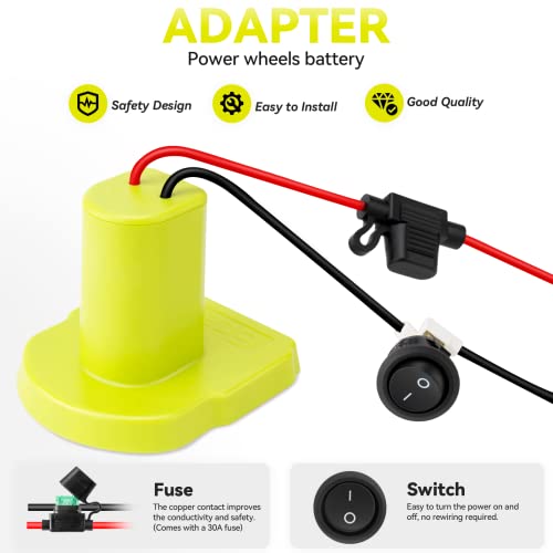 Power Wheel Adapter for Ryobi One+ 18V P108 P107 P102 P100 Li-ion & Ni-Cd Battery,Power Connector for Rc Toy & Car,12 Gauge Robotics Rc Truck(with 30A Fuse & Switch & Wire terminals)(1 Pack