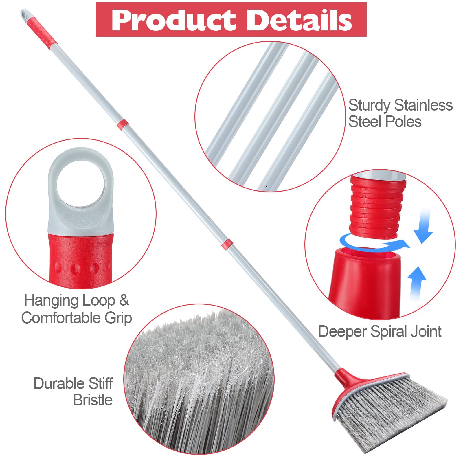 Meanplan 4 Pcs Angle Broom and Dustpan Combo Set for School Classroom 54'' Outdoor Indoor Cleaning Broom Commercial Broom with Step-on Dustpan for Home Kitchen Office Floor Dirt Dust Hair Cleaning