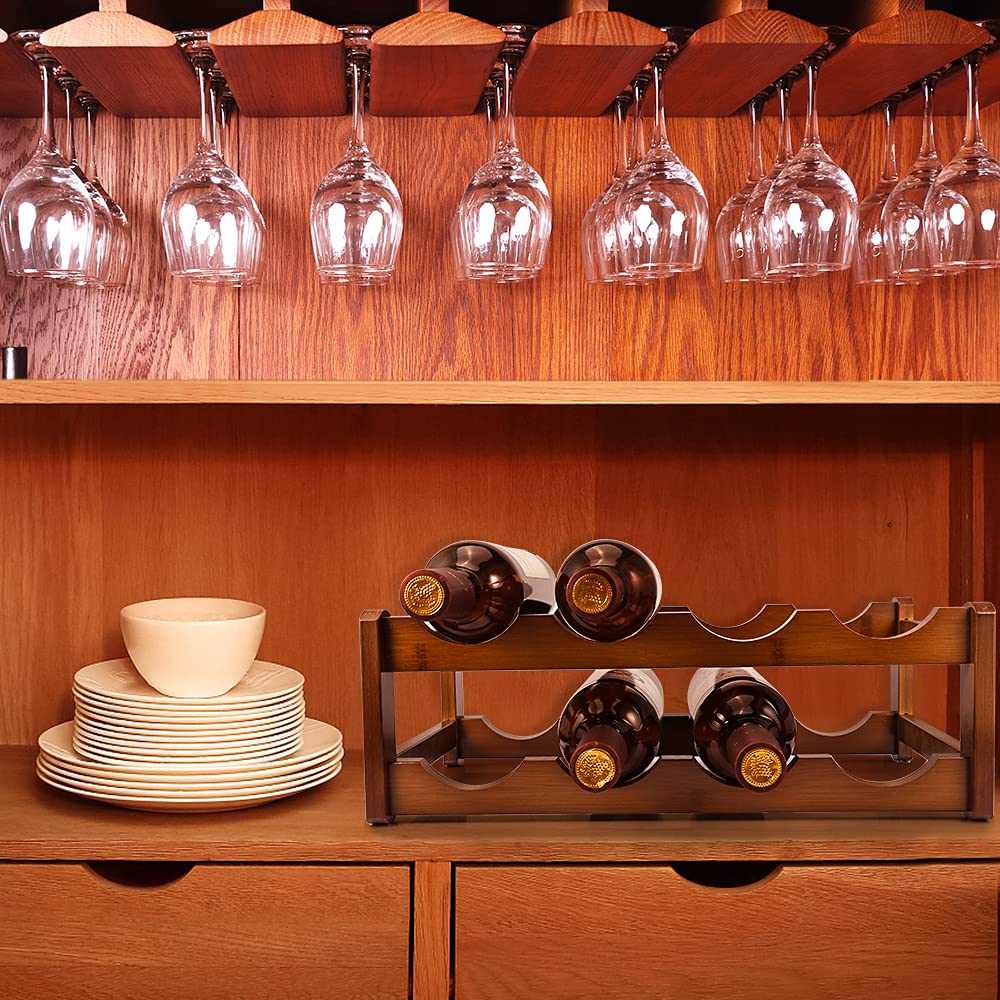 PAMISO 2-Tiers Wine Rack, 8-Bottles Bamboo Wine Stand Holder Wine Rack Countertop for Pantry, Kitchen, Bars, Wine Cellar