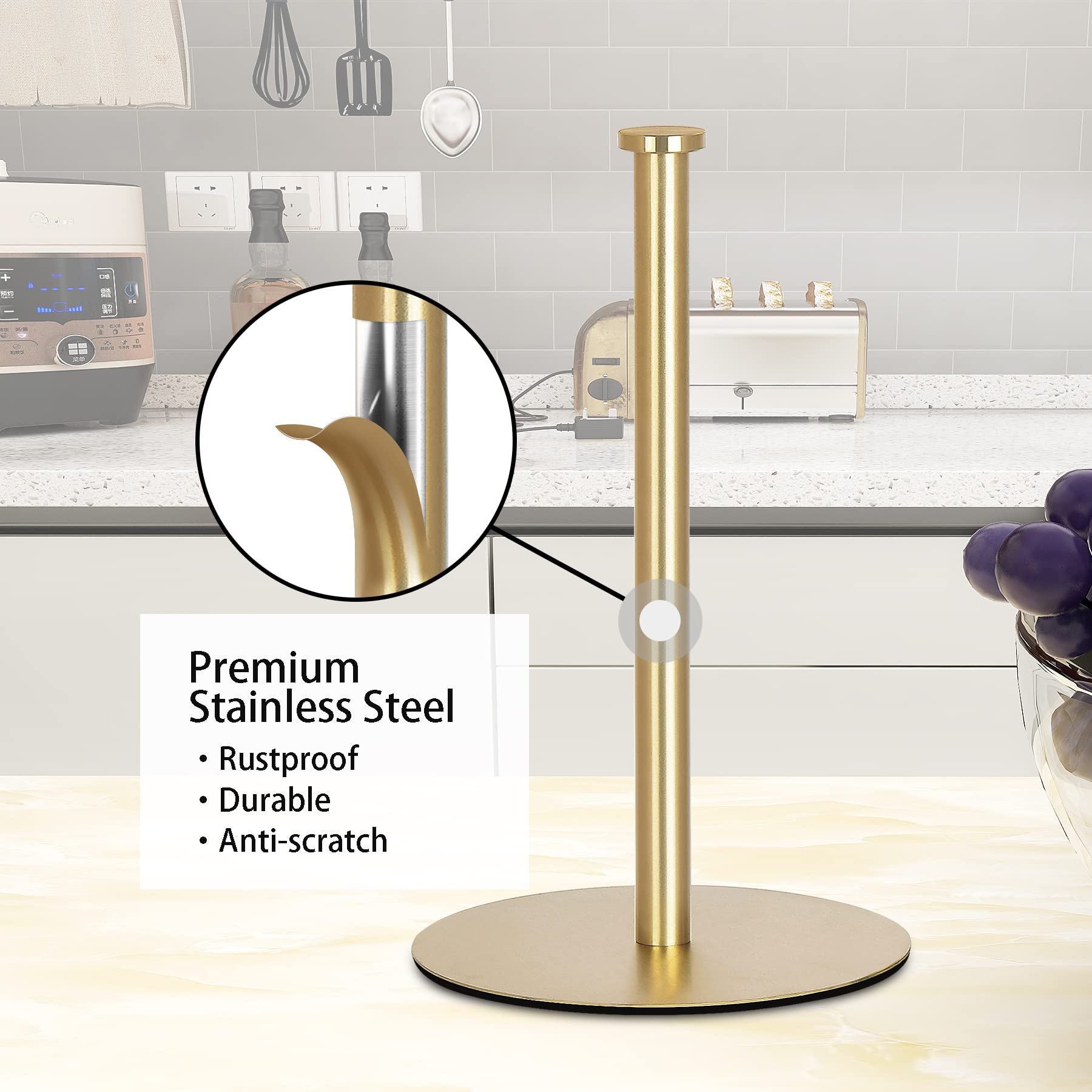 Gold Paper Towel Holder Countertop, OBODING, Kitchen Paper Towel Holder Stand for Kitchen and Bathroom Organization and Storage, Paper Towel Holders for Standard and Large Size Rolls (Gold)