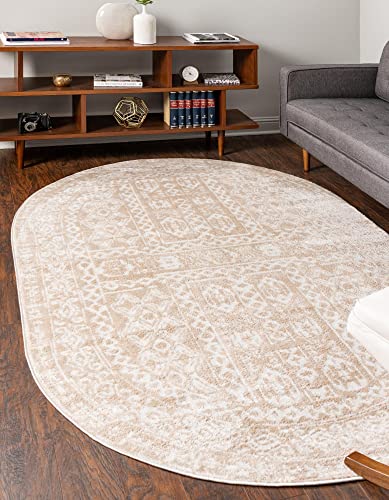 Unique Loom Oxford Collection Area Rug - Magdelan (8' x 10' Oval, Beige/Ivory)