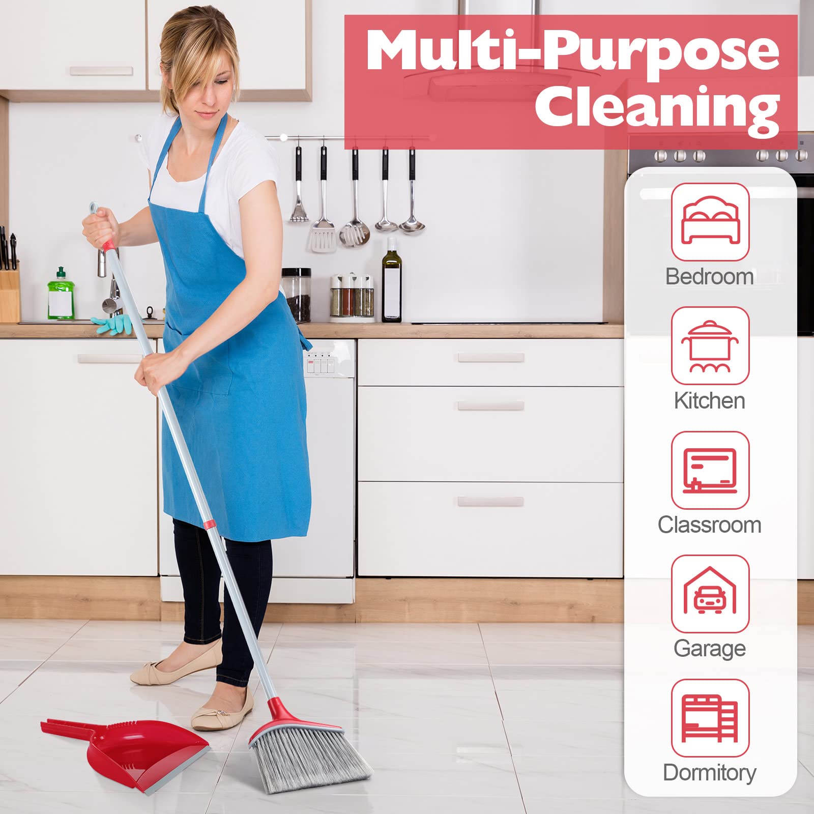 Meanplan 4 Pcs Angle Broom and Dustpan Combo Set for School Classroom 54'' Outdoor Indoor Cleaning Broom Commercial Broom with Step-on Dustpan for Home Kitchen Office Floor Dirt Dust Hair Cleaning