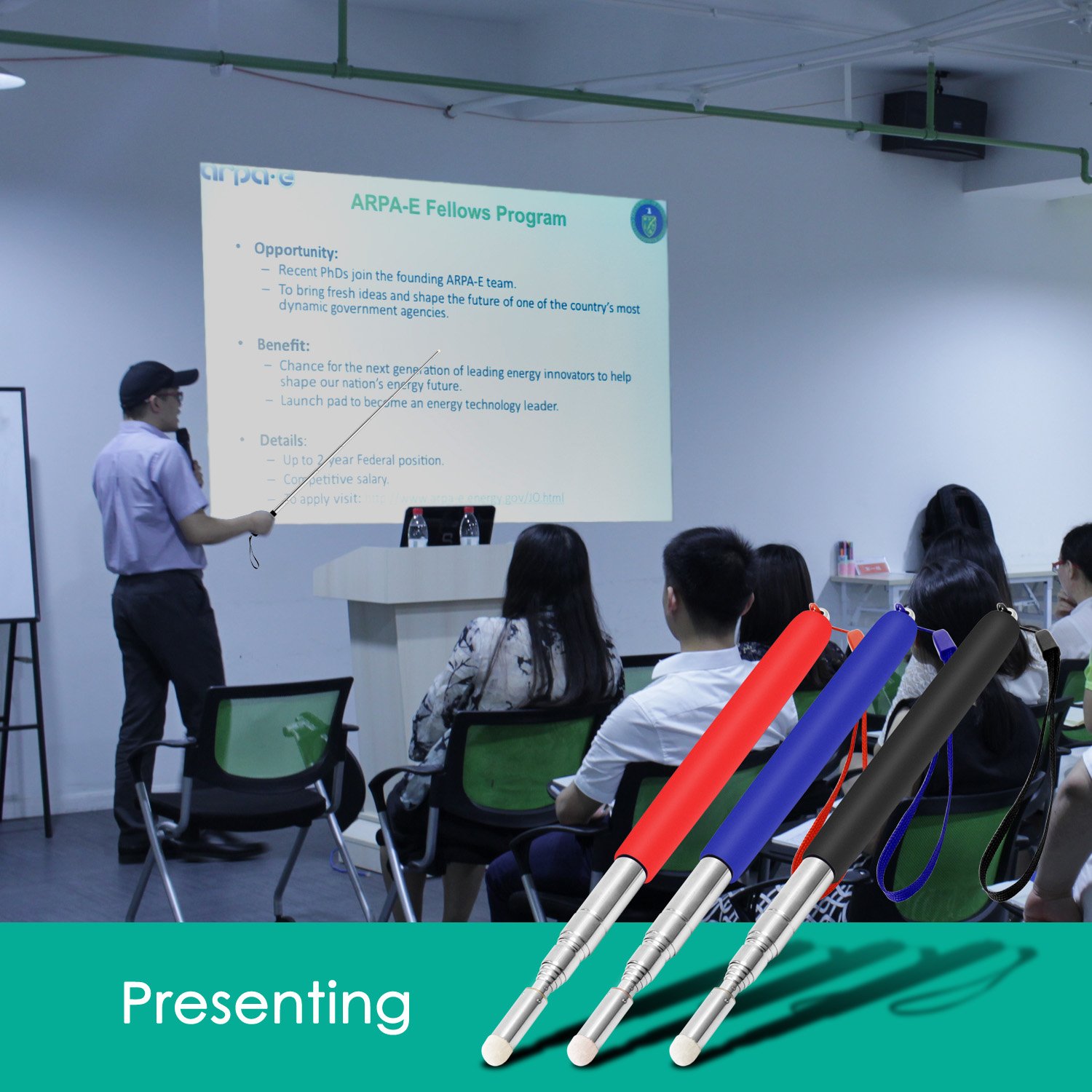 Alcoon 3 Pack Telescopic Teachers Pointer Retractable Handheld Presenter Extendable Classroom Whiteboard Pointer with Lanyard for Teachers, Coach, Presenter, Extends to 39 Inch (Black, Red, Blue)